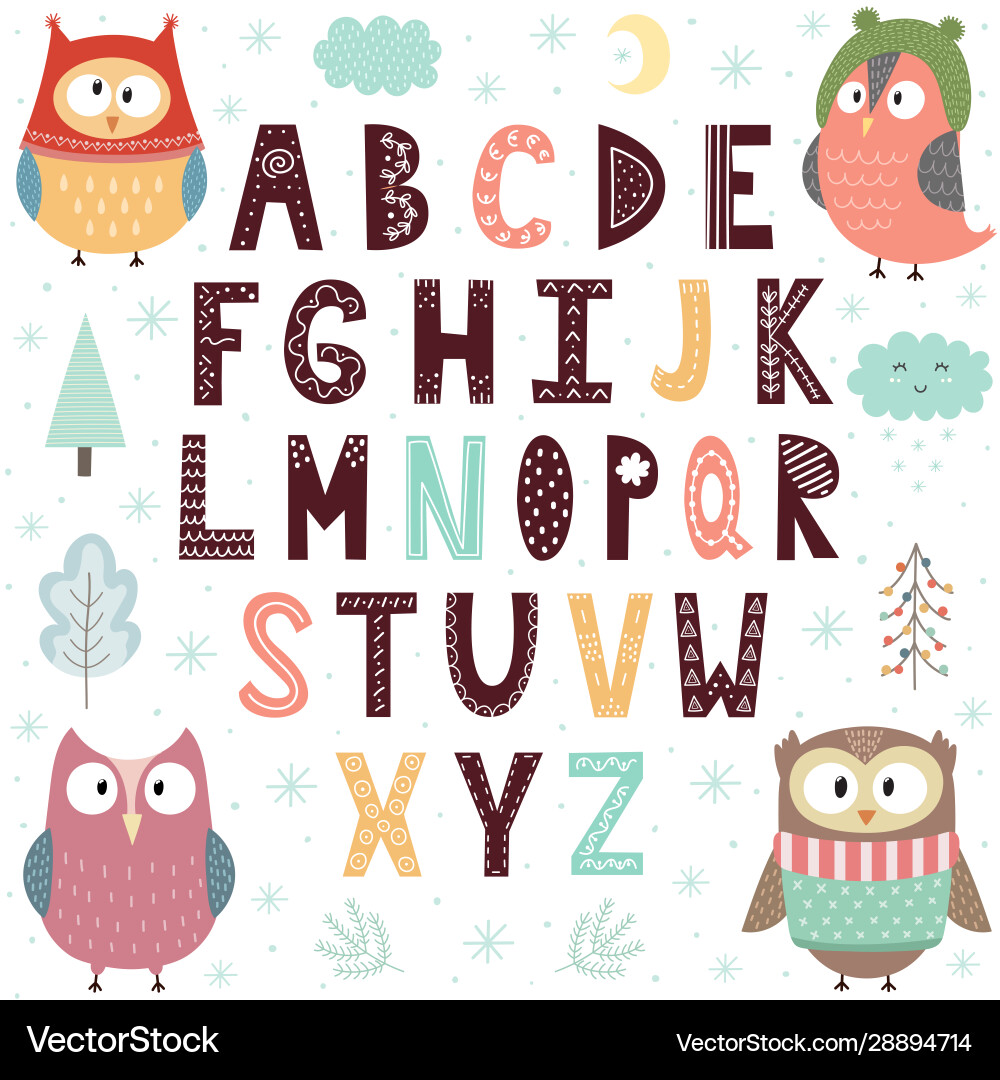 Cute Owls Alphabet Poster Royalty Free Vector Image