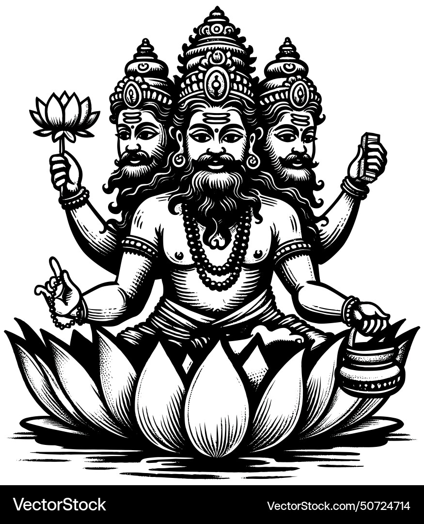 Hindu god brahma linocut Royalty Free Vector Image