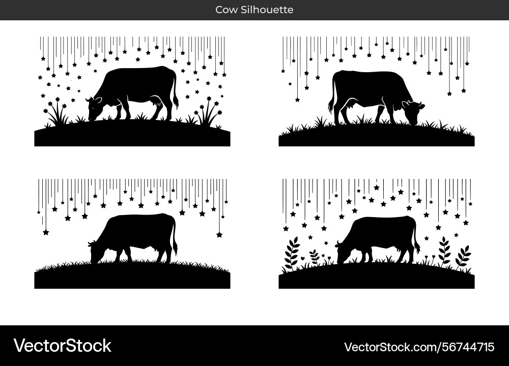 Silhouetted cows grazing on grass with falling Vector Image