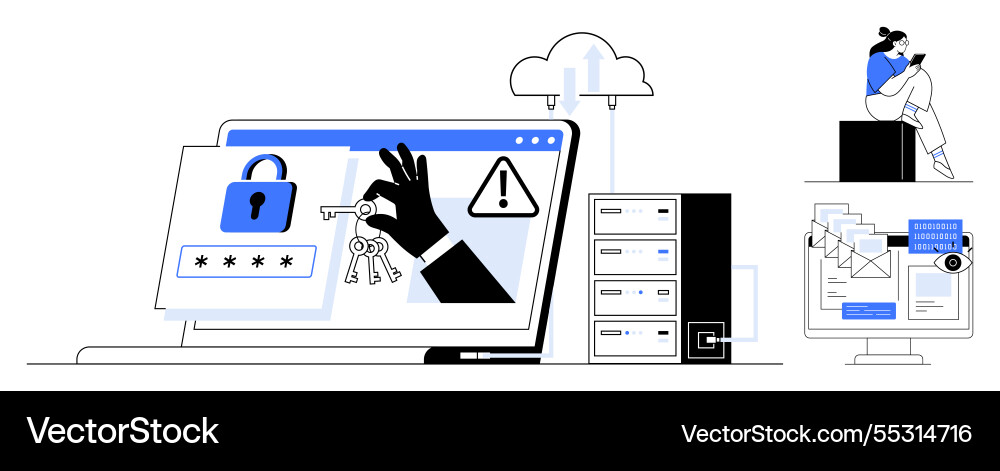 Data security breach warning with laptop server Vector Image
