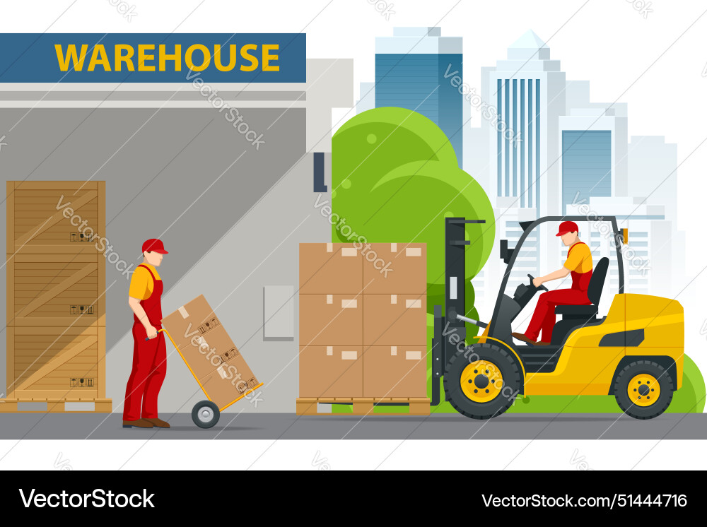 Isometric large modern warehouse with forklifts Vector Image