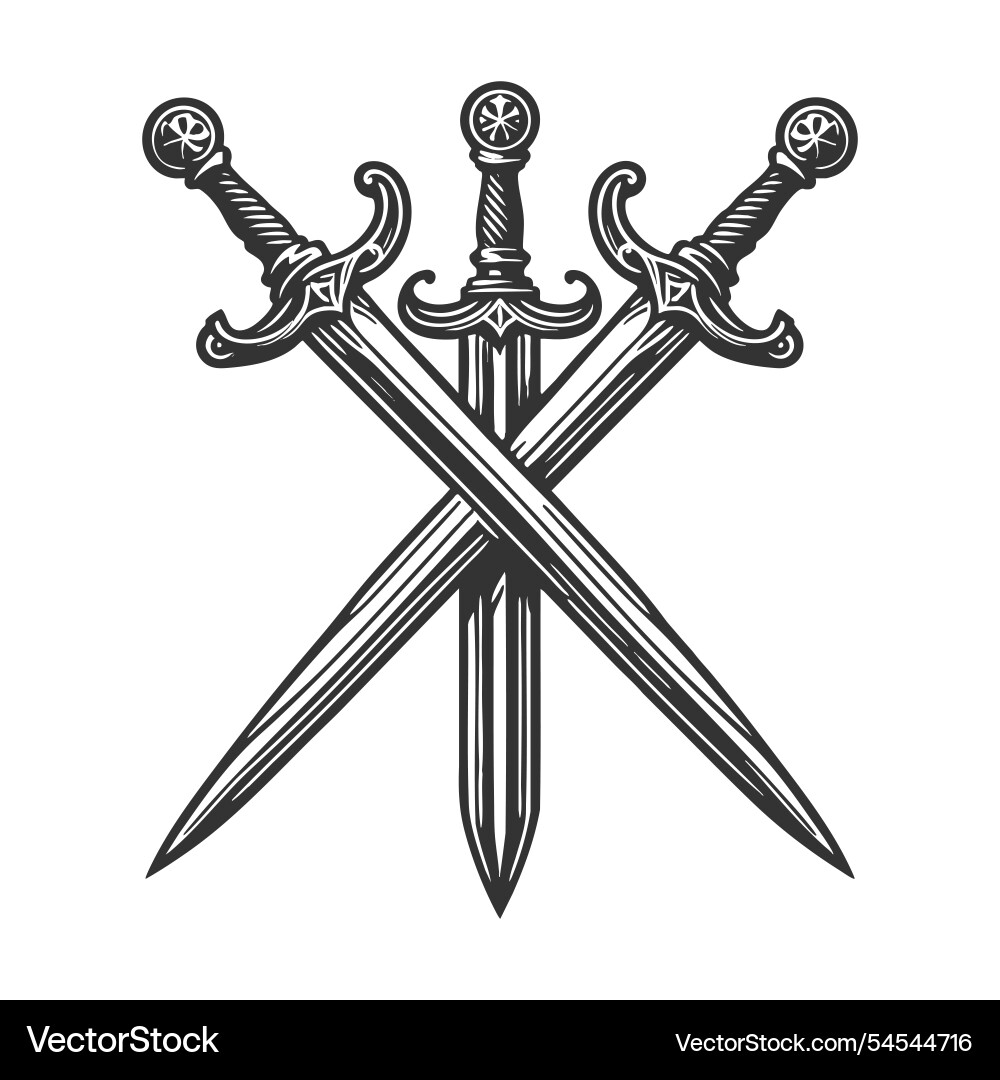 Three crossed medieval swords engraving Royalty Free Vector