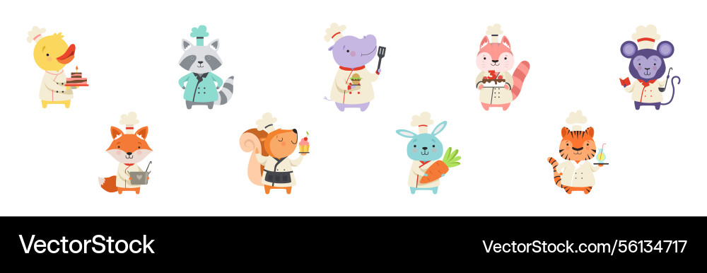 Cute animal chef characters in uniform cooking Vector Image