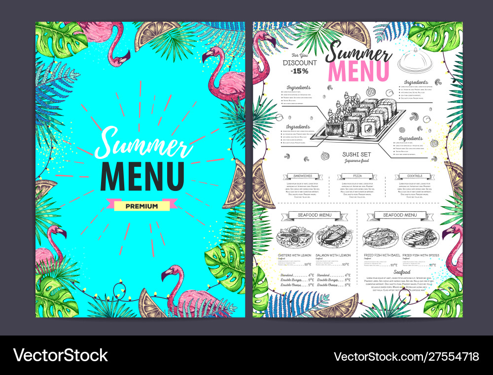 Restaurant summer menu design with tropic leaves Vector Image
