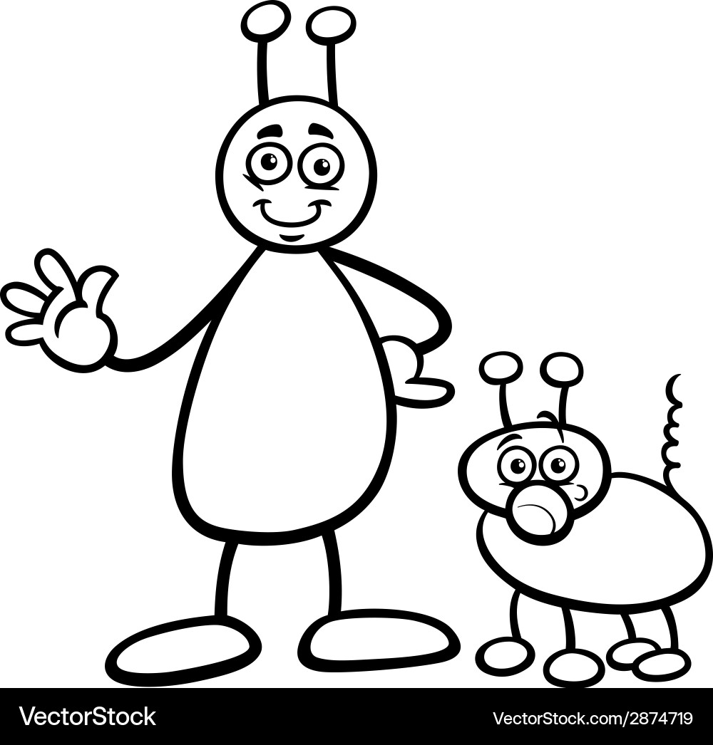 Alien with dog cartoon coloring page Royalty Free Vector