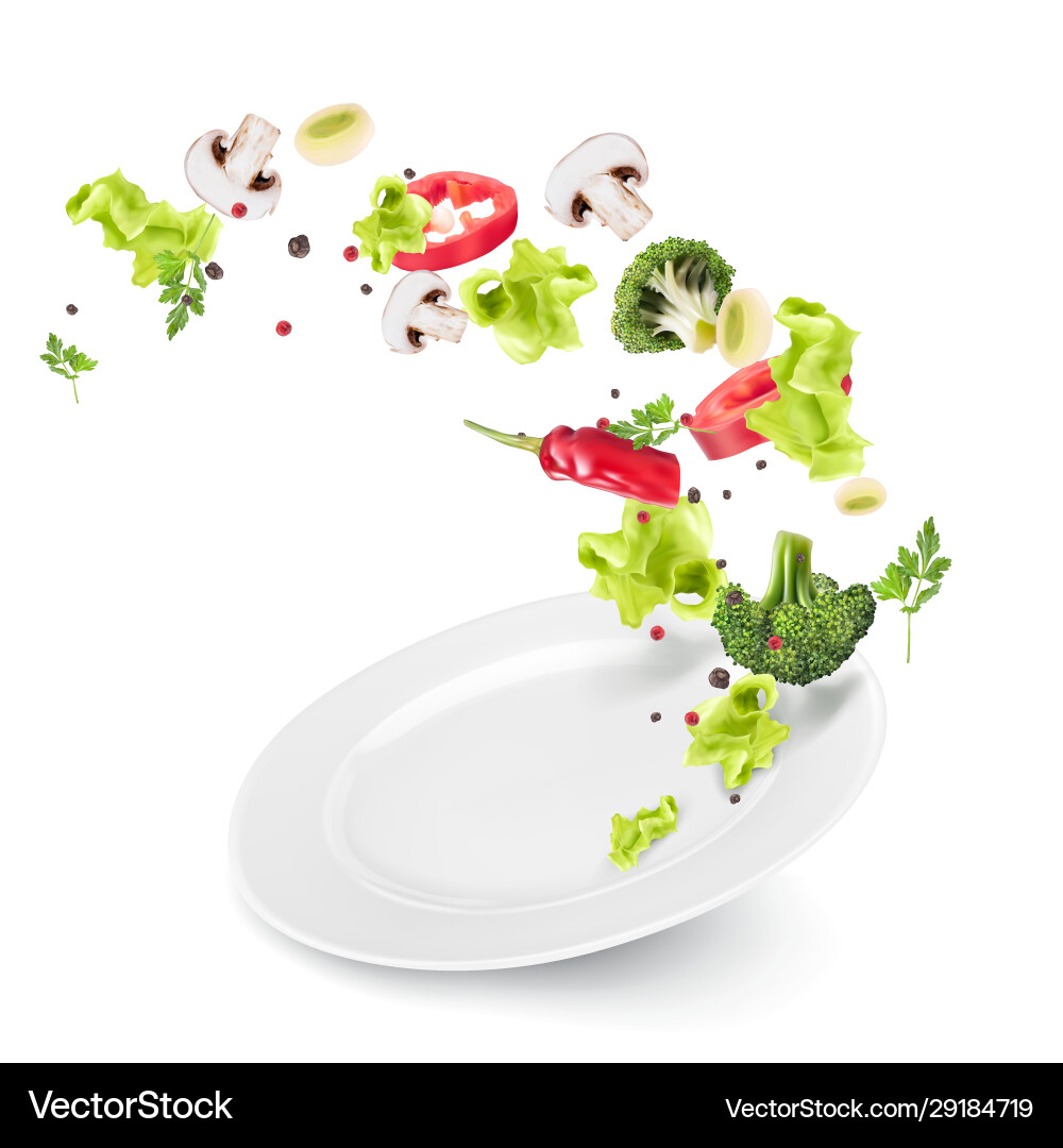 Flying vegetables and lettuce on a flat white plat