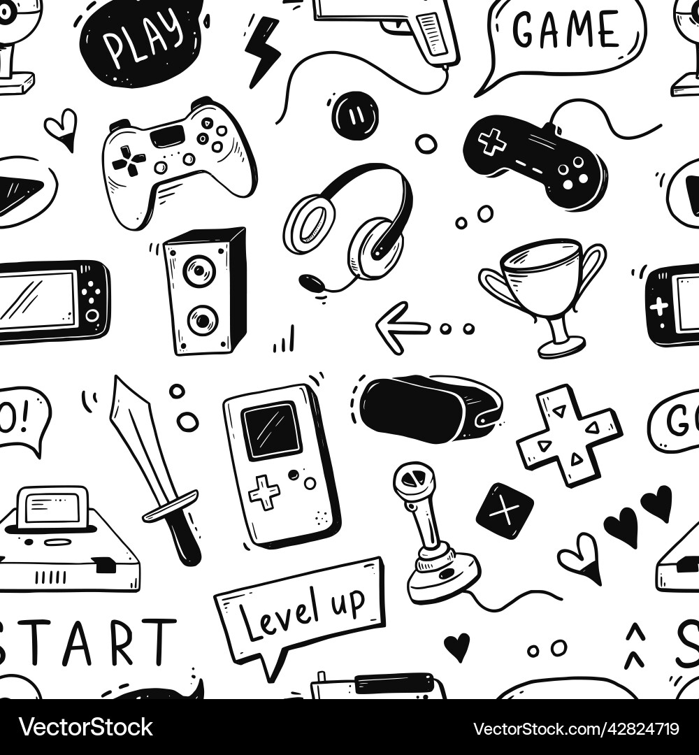 Video game hand drawn doodle seamless pattern Vector Image