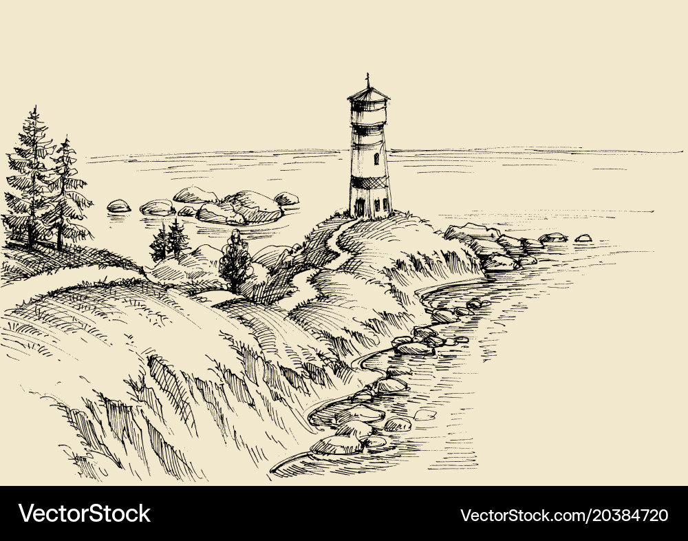 Beach drawing a path to the lighthouse Royalty Free Vector
