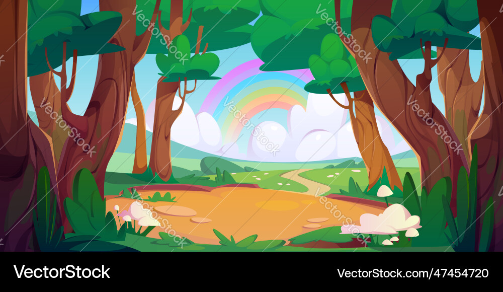 Cartoon summer forest and rainbow on horizon Vector Image