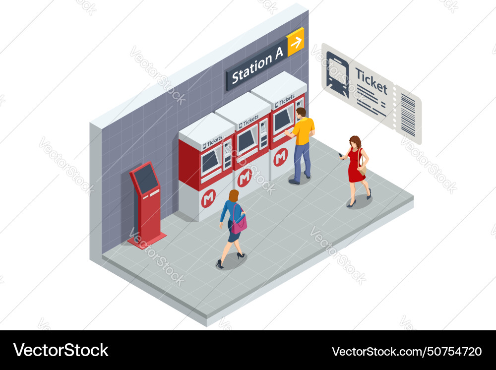 Isometric people buy metro tickets Royalty Free Vector Image