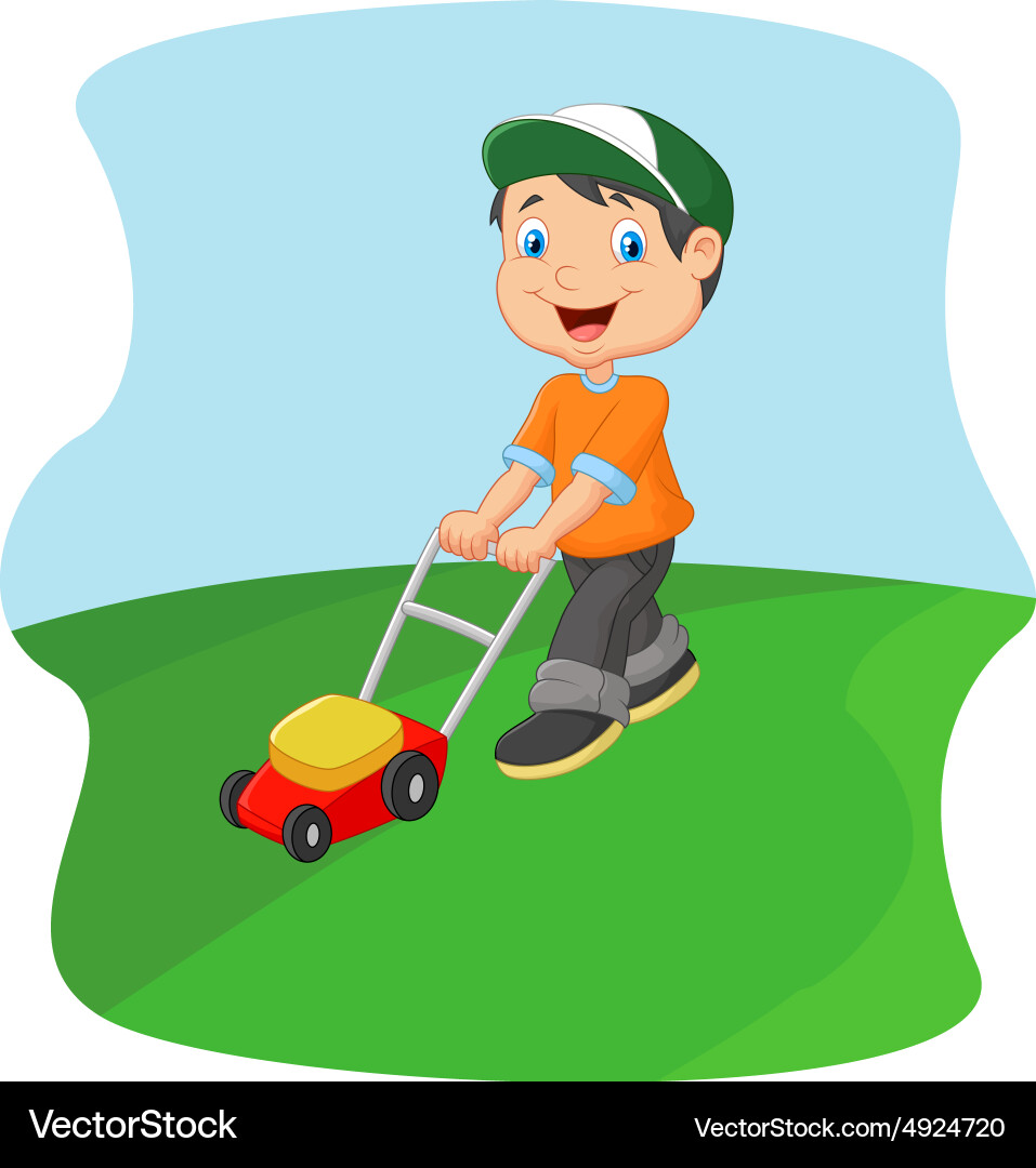Young man cutting grass with a push lawn mower Vector Image