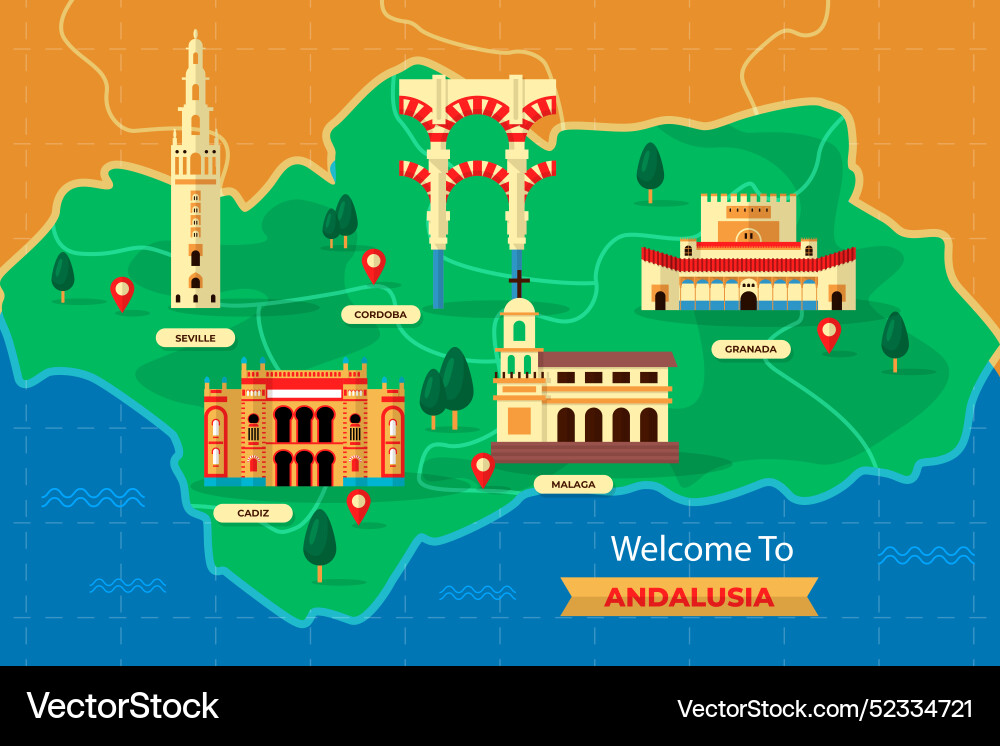 Andalusia map with landmarks Royalty Free Vector Image