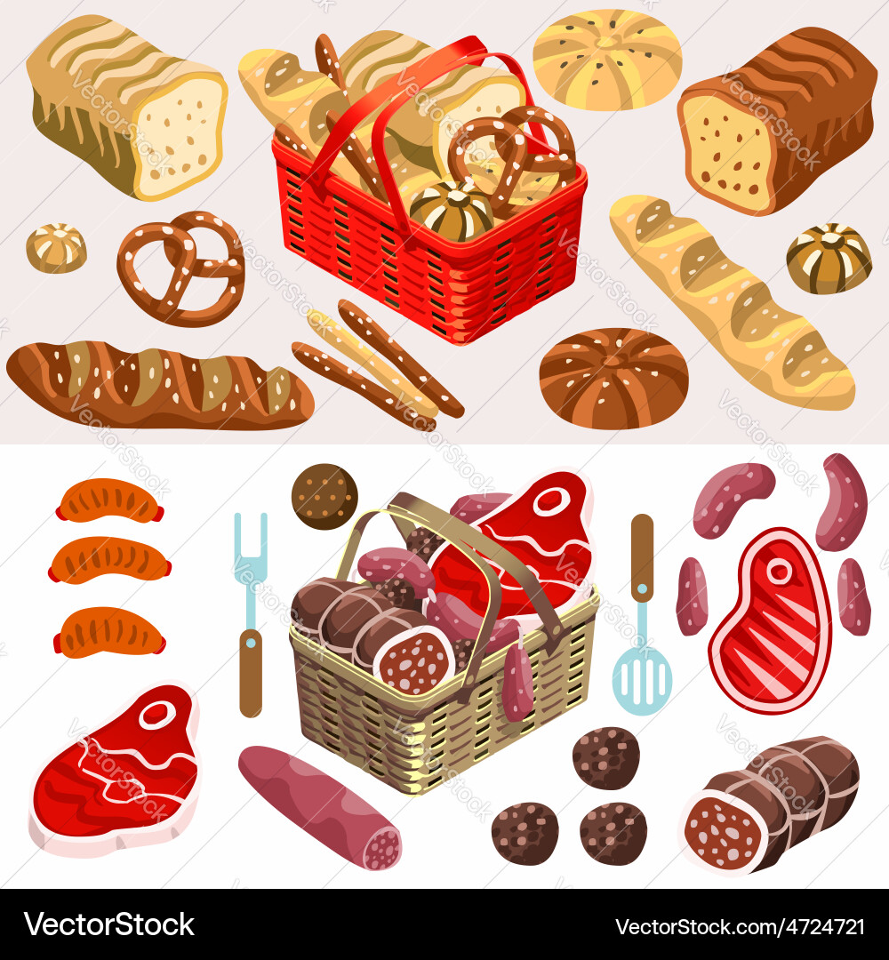 Food set meat and bread isometric Royalty Free Vector Image