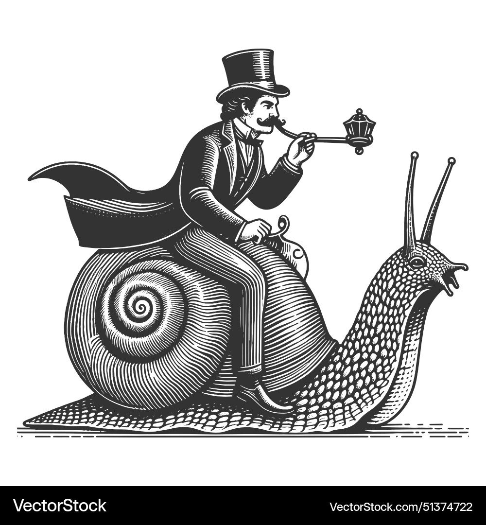 Gentleman riding giant snail sketch Royalty Free Vector