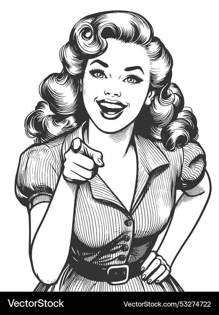 Laughing retro woman pointing forward Royalty Free Vector