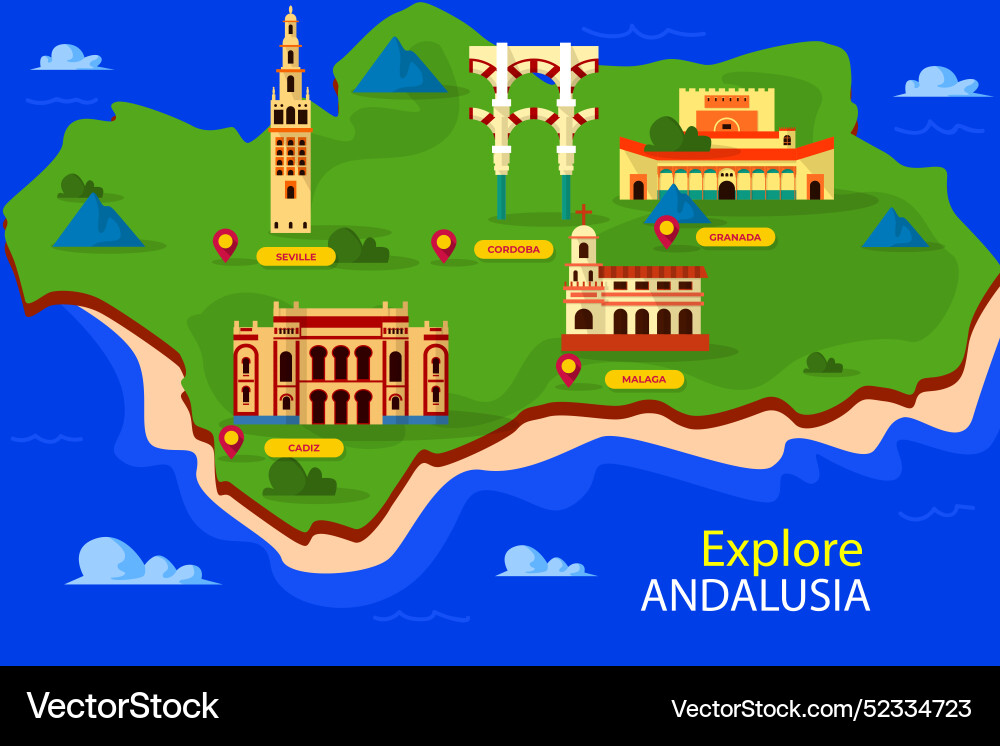 Andalusia map with landmarks Royalty Free Vector Image
