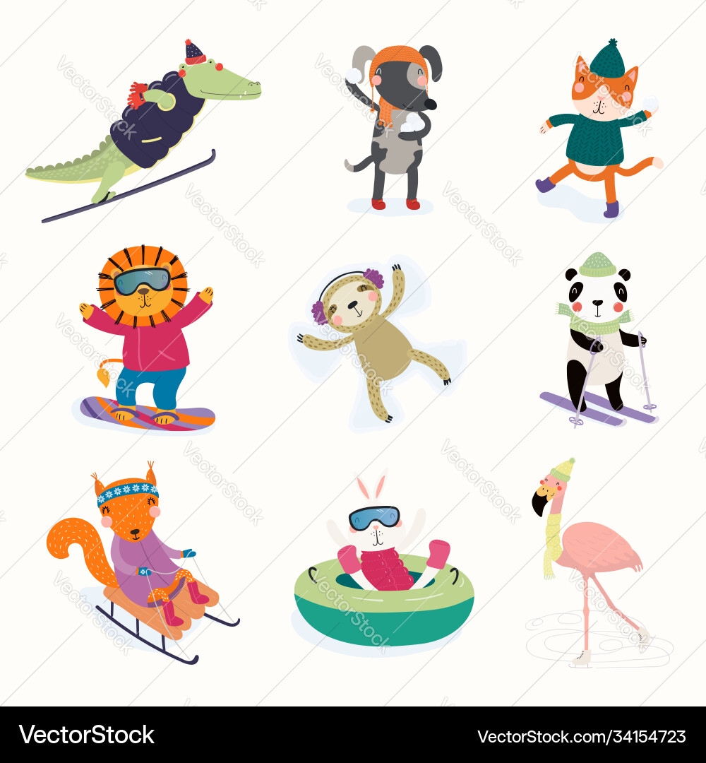 Cute animals winter activities set Royalty Free Vector Image