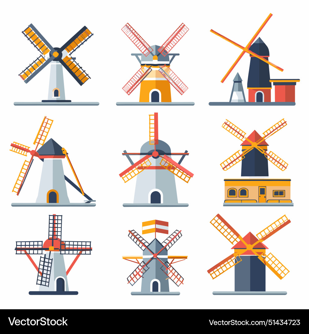 Nine different windmills Royalty Free Vector Image