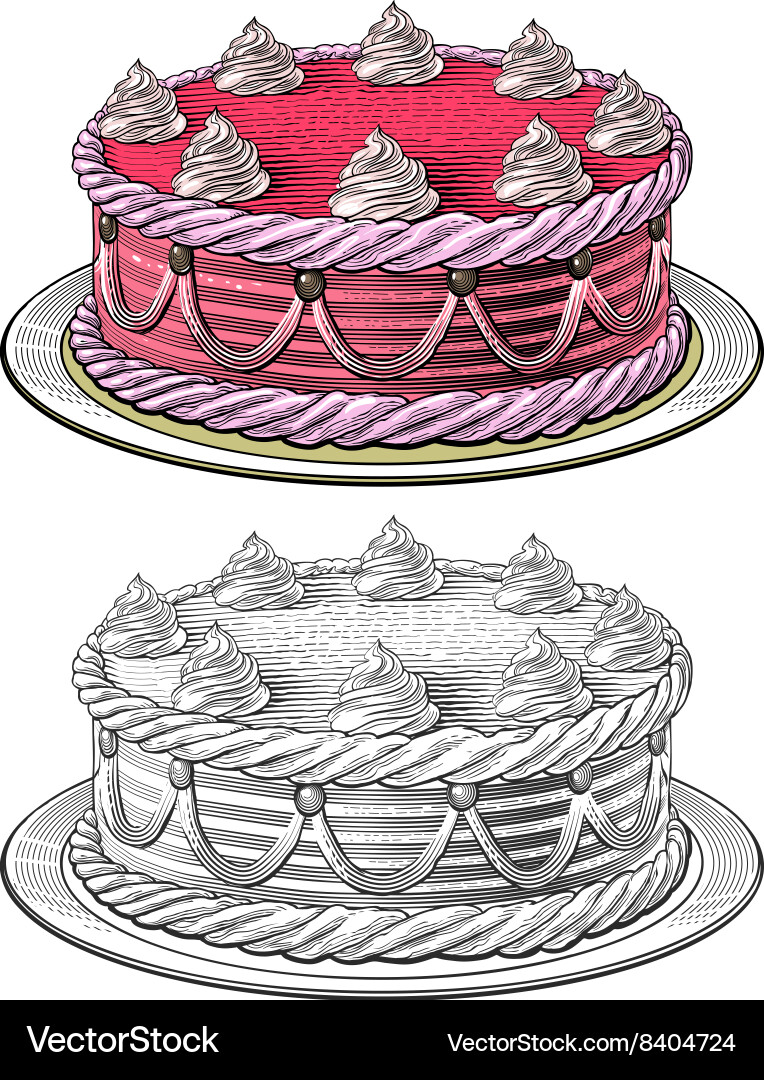 Birthday cake in engraving style Royalty Free Vector Image