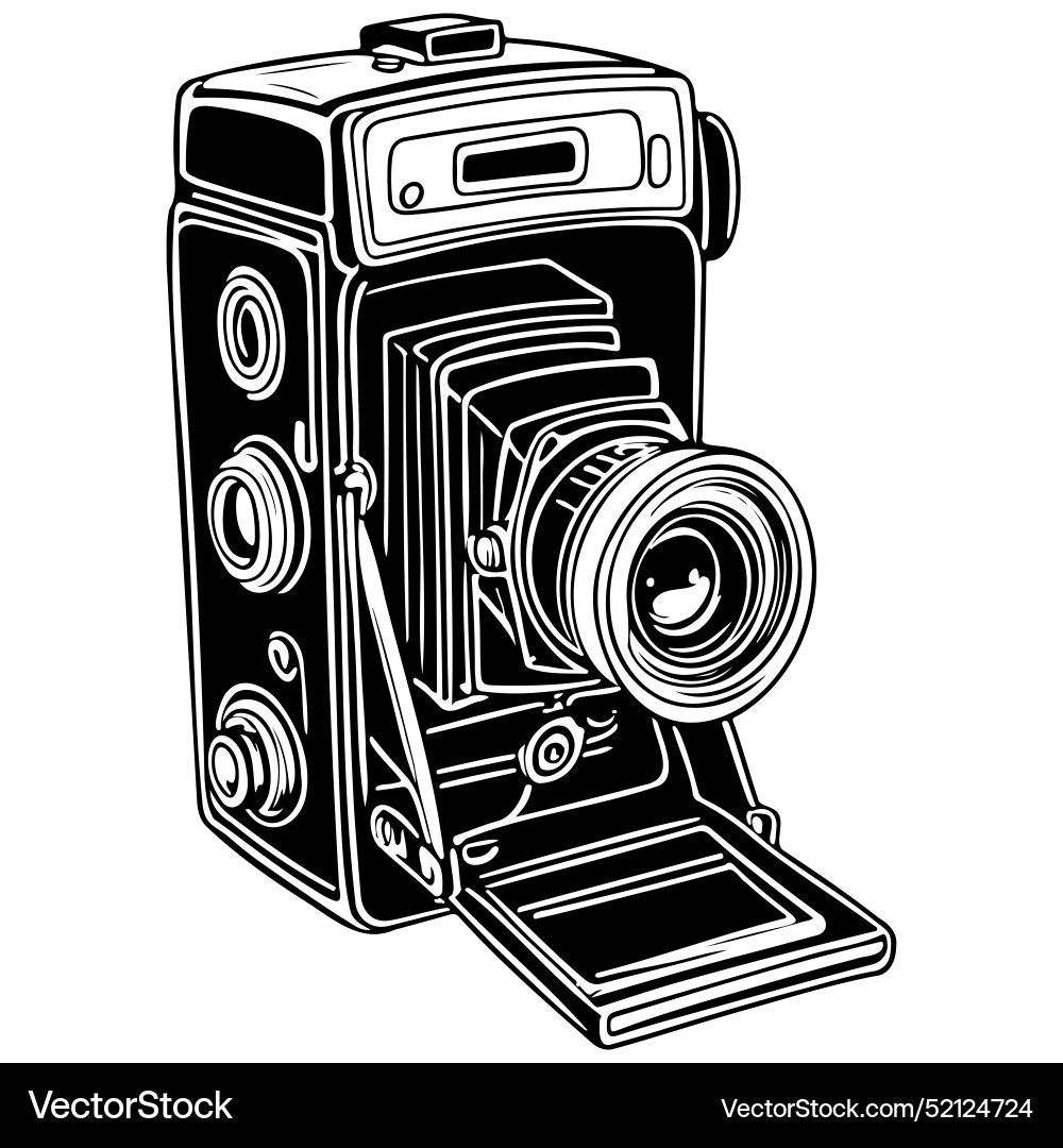 Camera engraving drawing of black silhouette Vector Image