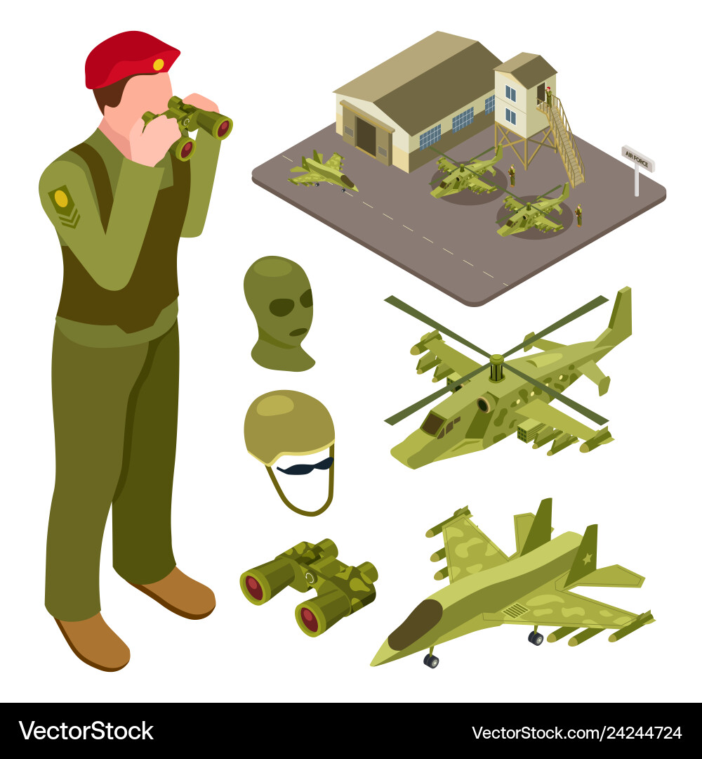 Military air force base isometric with helicopter Vector Image