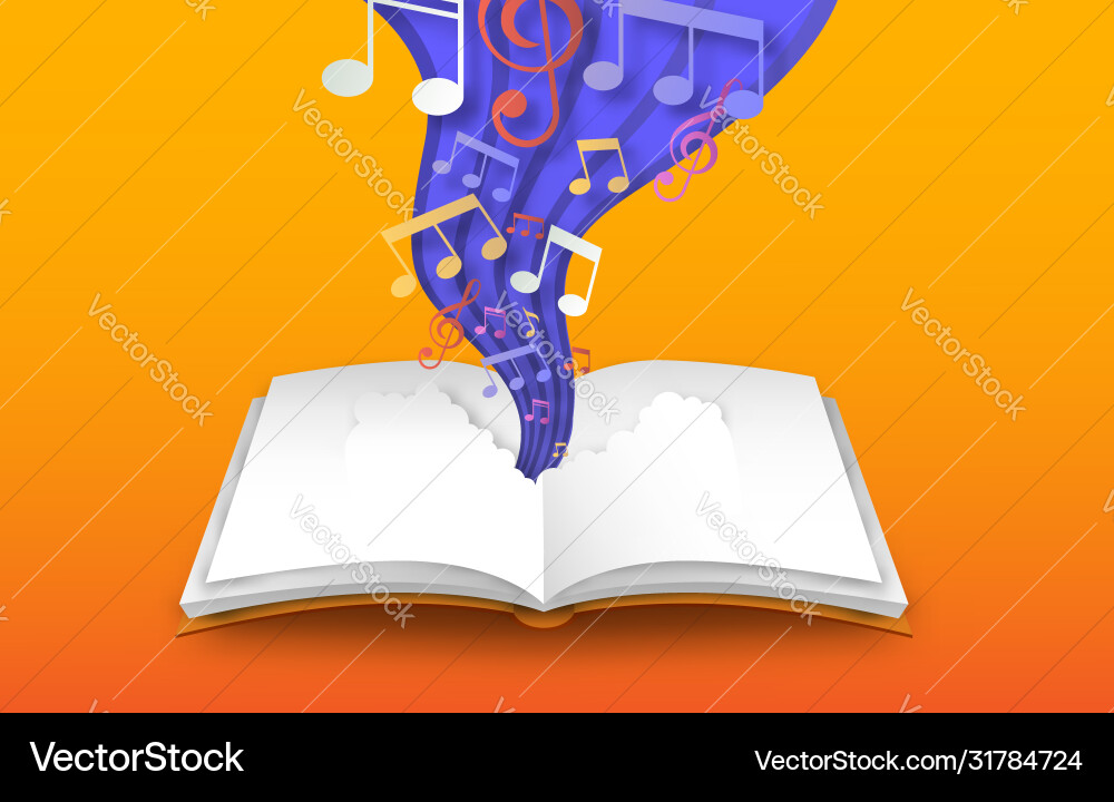 Open book with 3d papercut color music notes Vector Image
