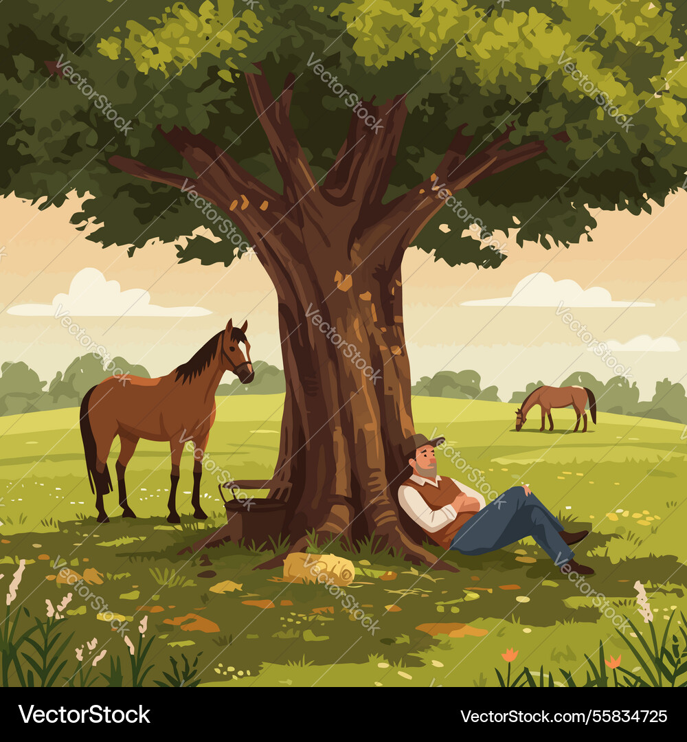 Man resting under a tree with horses in meadow Vector Image