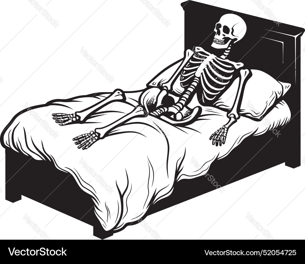 Spooky repose skeleton resting on bed emblem Vector Image