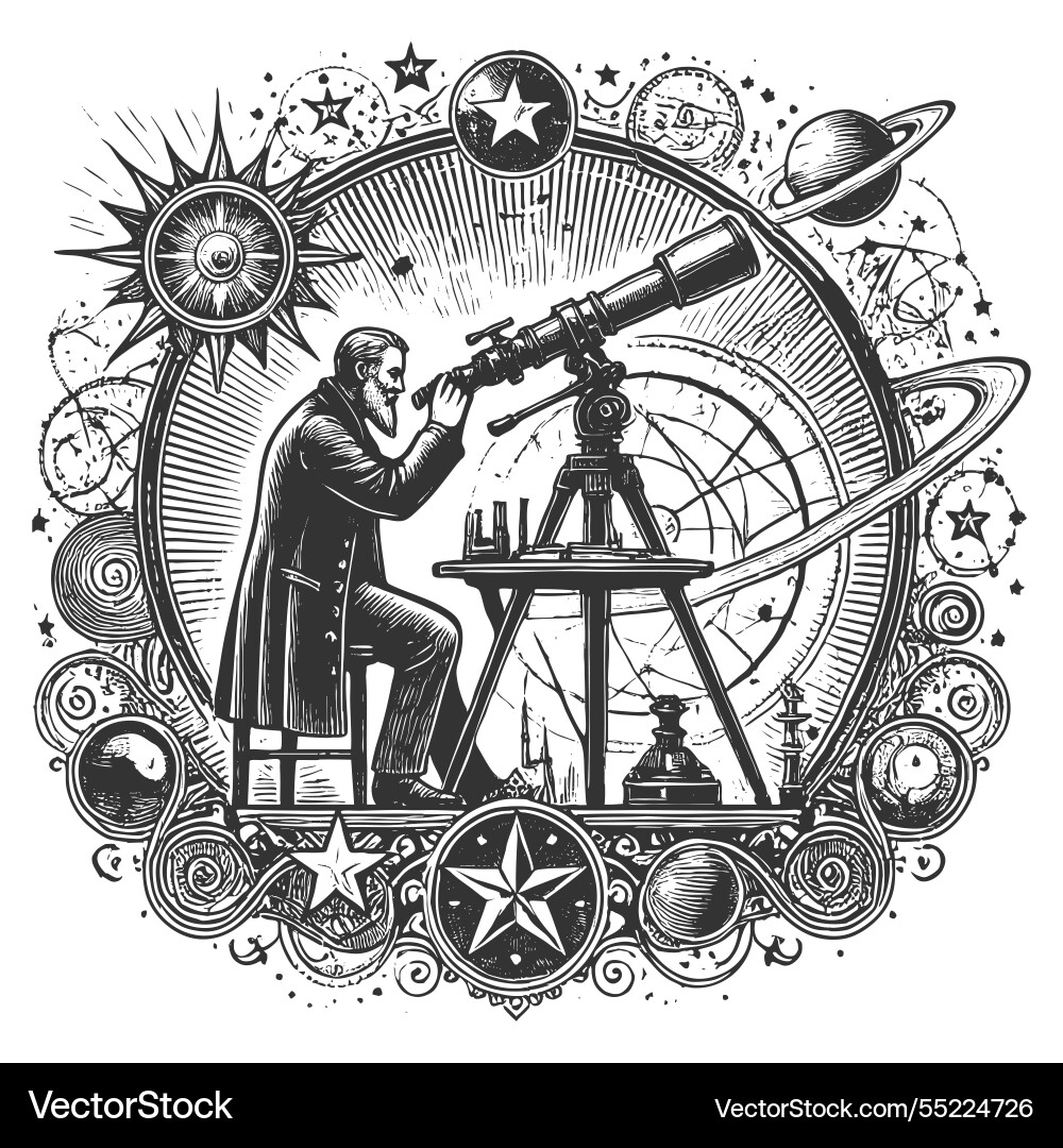 Astronomer observing stars with telescope Vector Image