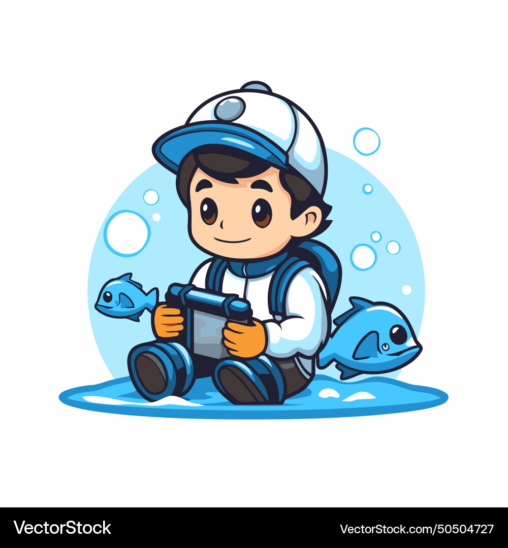 Cute cartoon boy with a camera and fish Royalty Free Vector