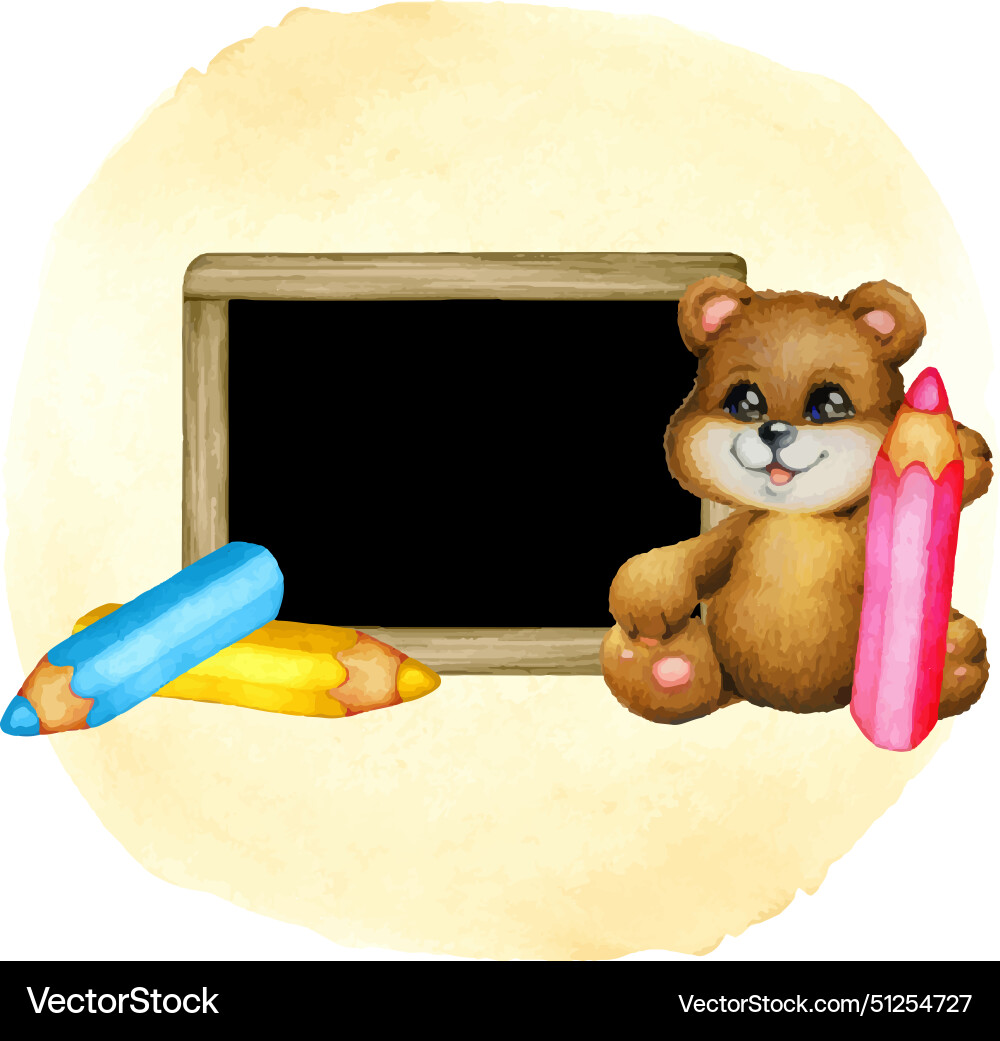 Teddy bear with blackboard and pencils Royalty Free Vector