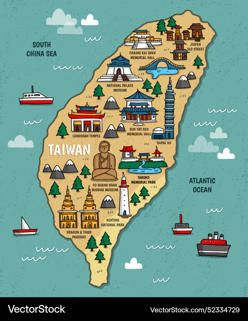 Taiwan map with landmarks Royalty Free Vector Image