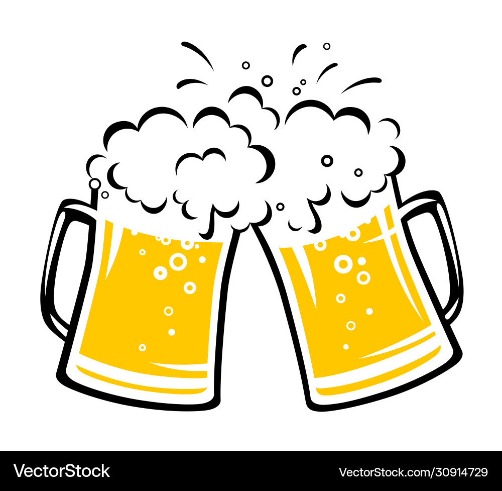 Two hand drawn clinking beer mugs with foam Vector Image