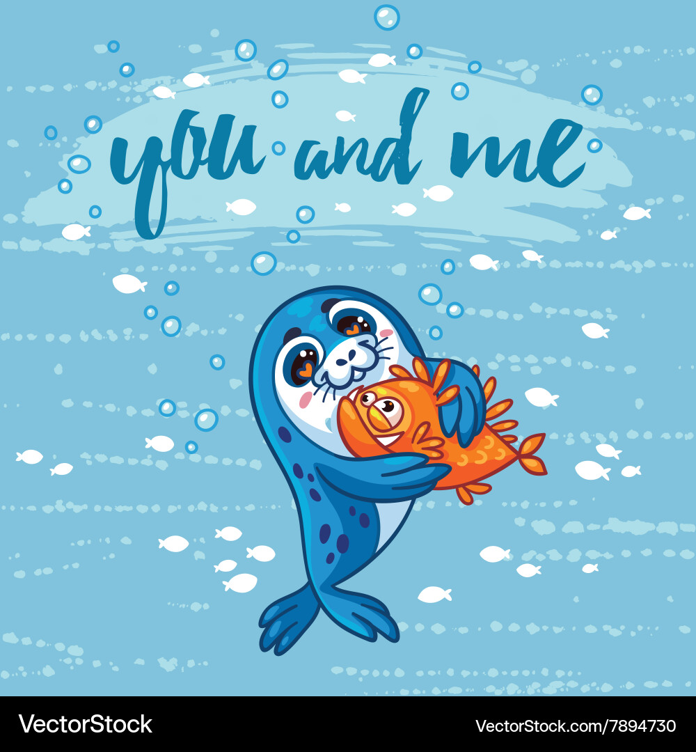Adorable Seal Hugging Fish Card Lizenzfreies Vektorbild