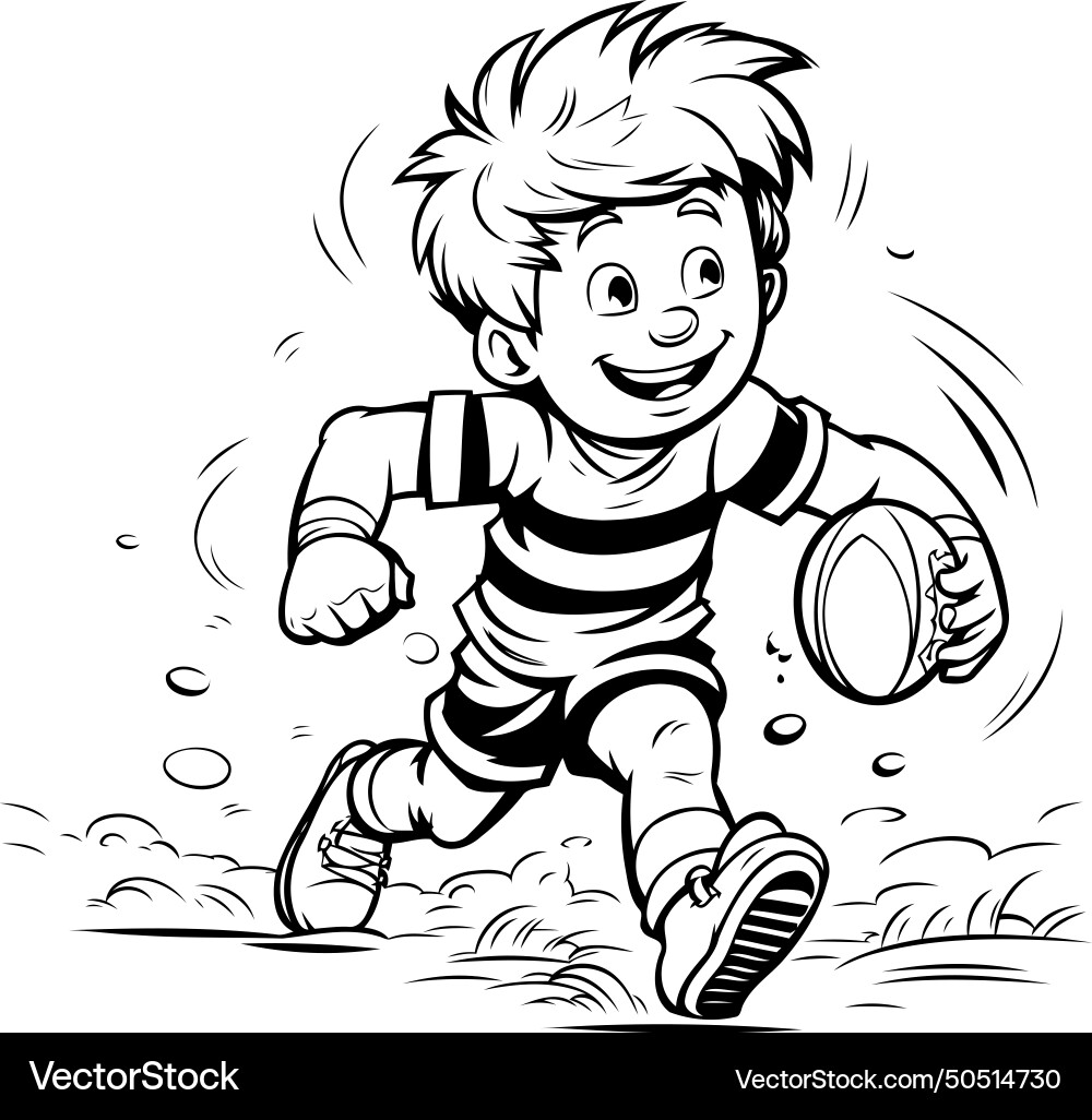 Boy playing rugby - black and white cartoon Vector Image