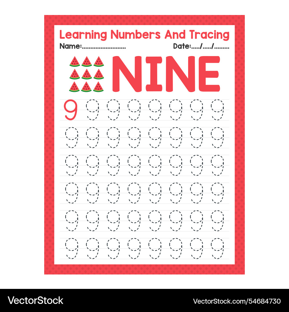 Learning number nine and tracing fruits watermelon