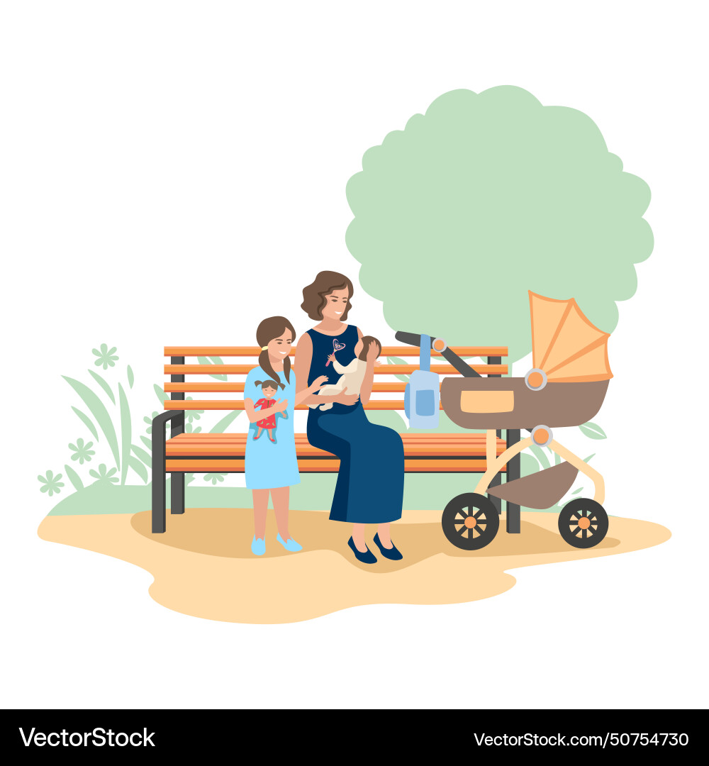 Mom walks with baby in stroller Royalty Free Vector Image