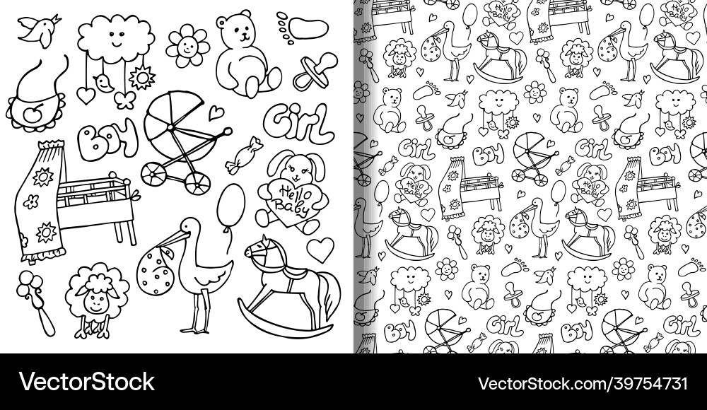 Baby hand drawn objects set and seamless pattern Vector Image
