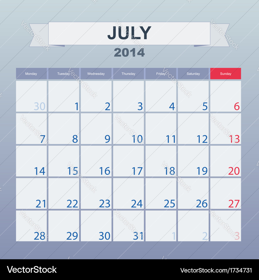 Calendar to schedule monthly july 2014 Royalty Free Vector