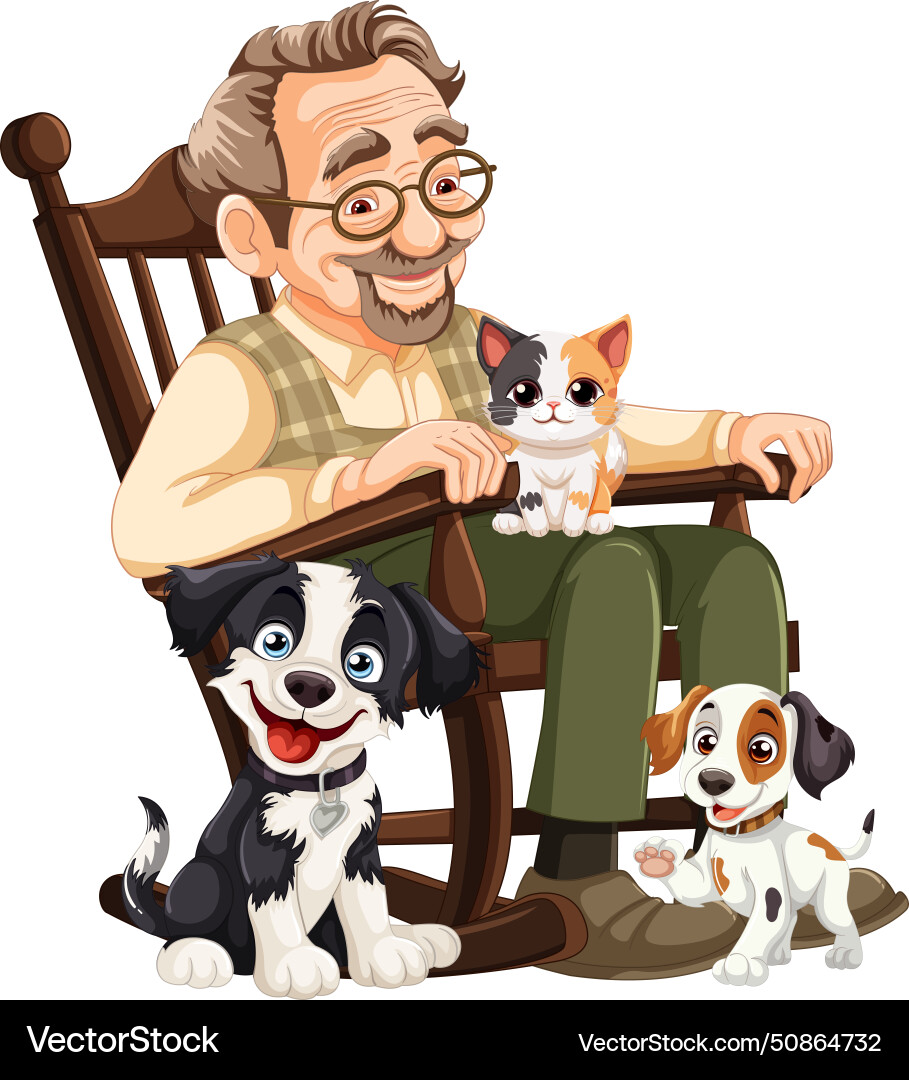 Smiling senior with two dogs and a cat Royalty Free Vector