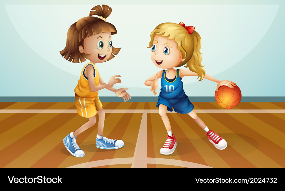Two Young Women Playing Basketball Royalty Free Vector Image