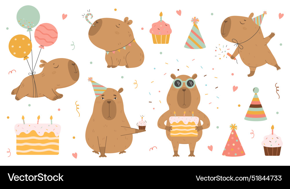 Happy Birthday Capybara Set Royalty Free Vector Image