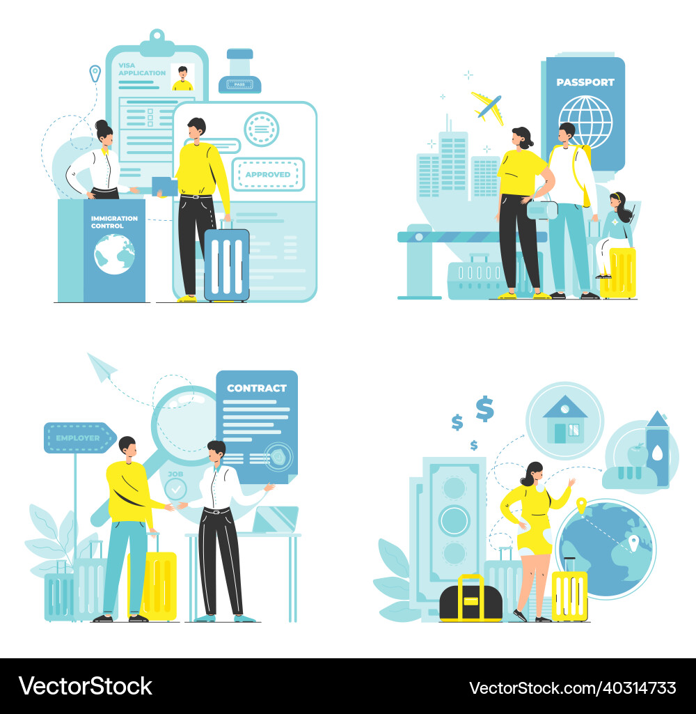Immigration scene set flat isometric Royalty Free Vector