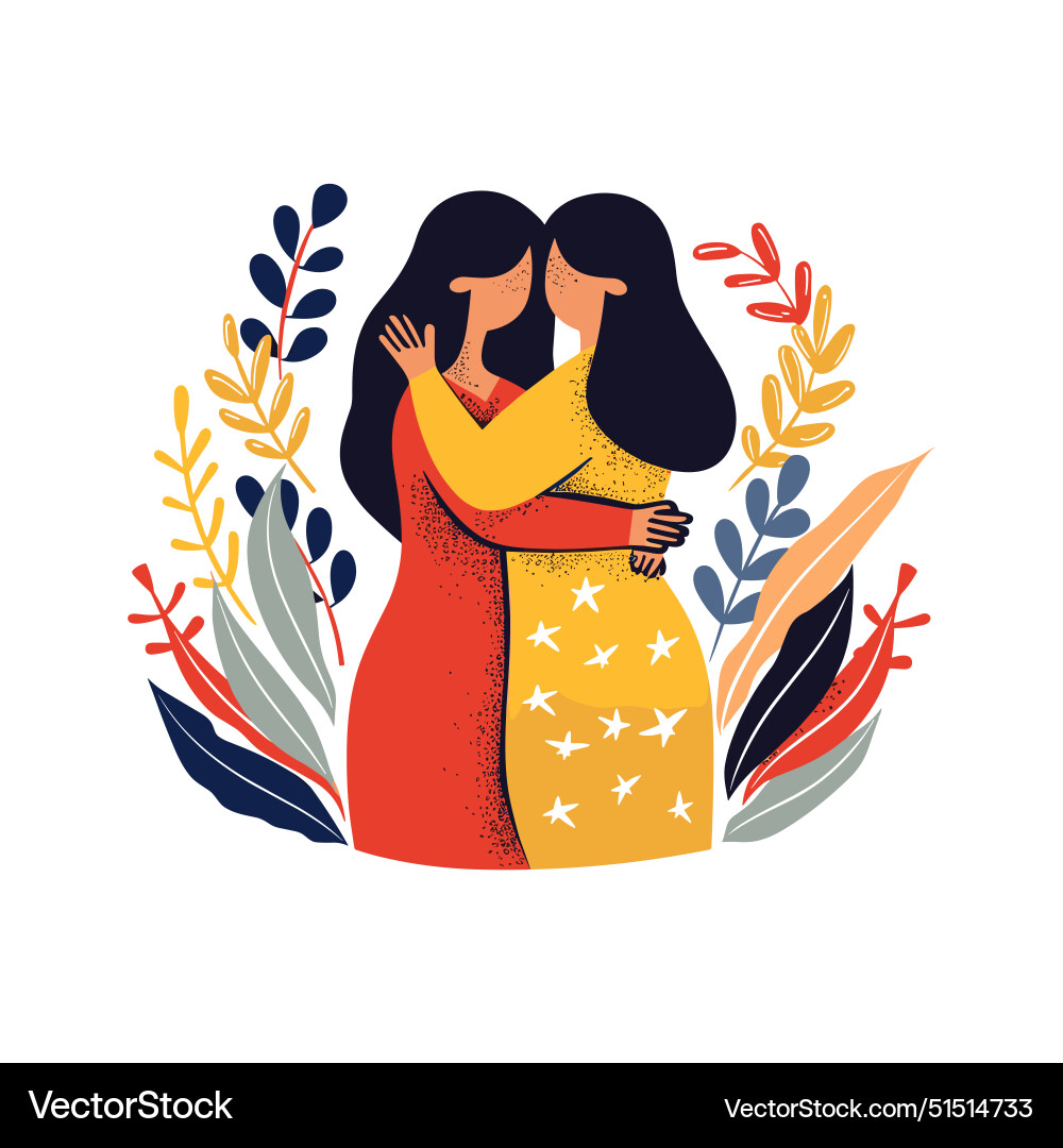 Two women embracing surrounded colorful plants Vector Image