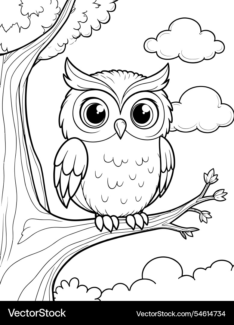 Cute owl sitting on tree branch coloring pages Vector Image