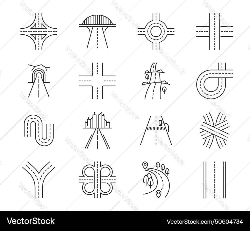 Road Crossroad Line Icons Royalty Free Vector Image