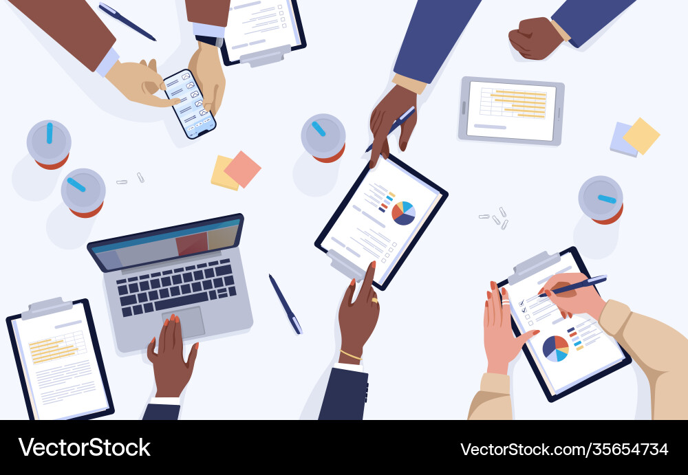 Table top view cartoon people working Royalty Free Vector