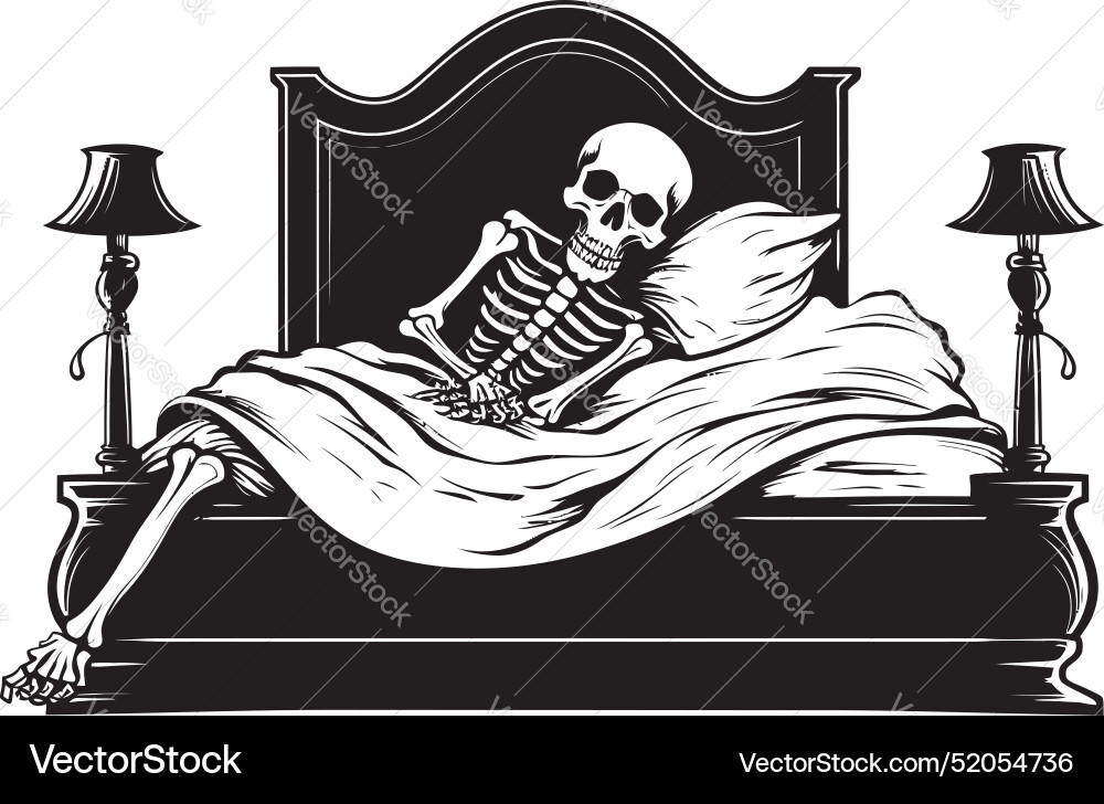 Creepy comfort skeleton resting on bed graphic Vector Image