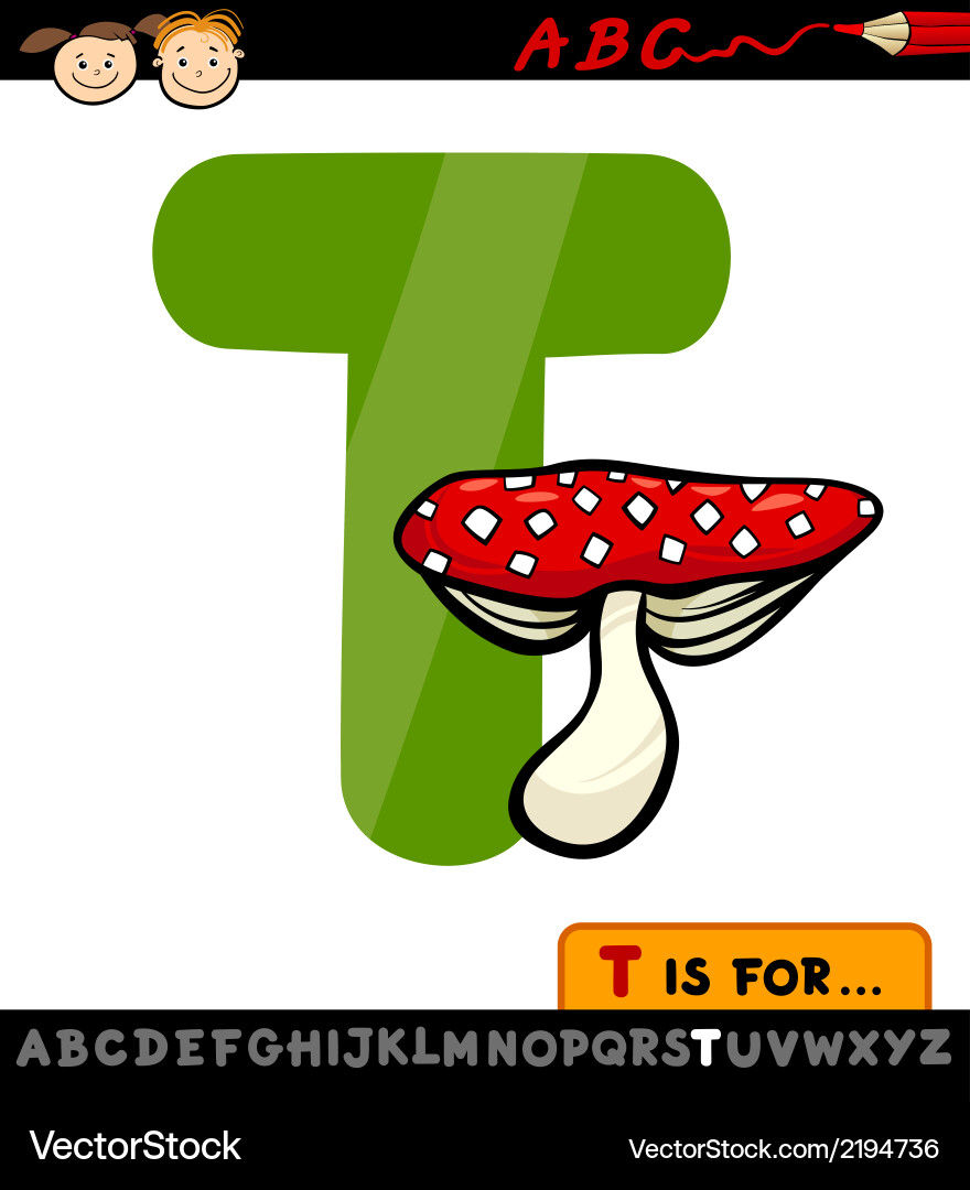 Letter t with toadstool cartoon Royalty Free Vector Image
