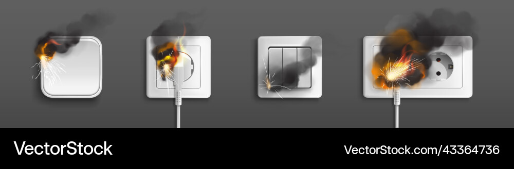 Short circuit fire in socket with plug and switch Vector Image